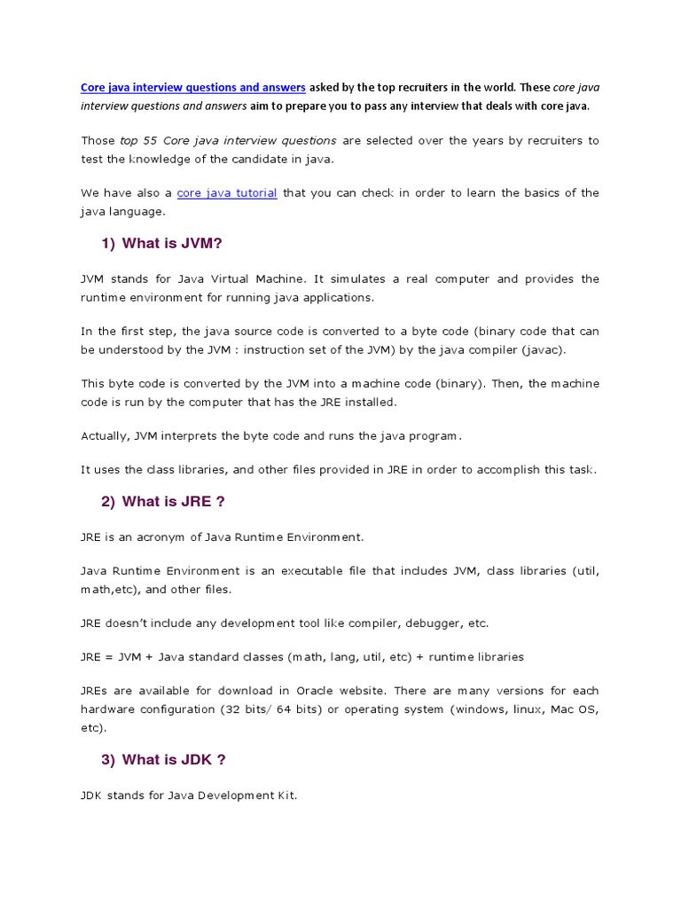 Core Java Interview Questions And Answers Pdf Java Virtual Machine Method Computer