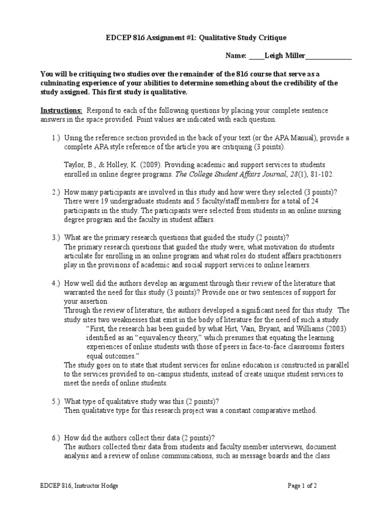 Miller Qualitative Article Critique Assignment | PDF | Qualitative ...