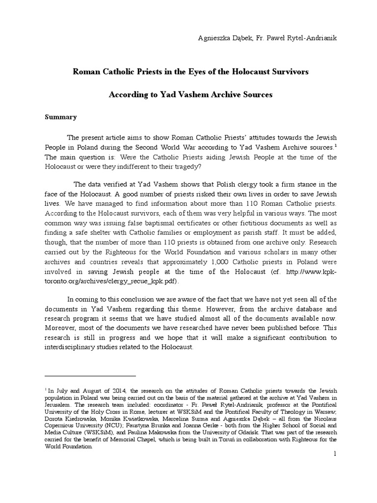 Roman Catholic Priests in The Eyes of The Holocaus Survivors According ...