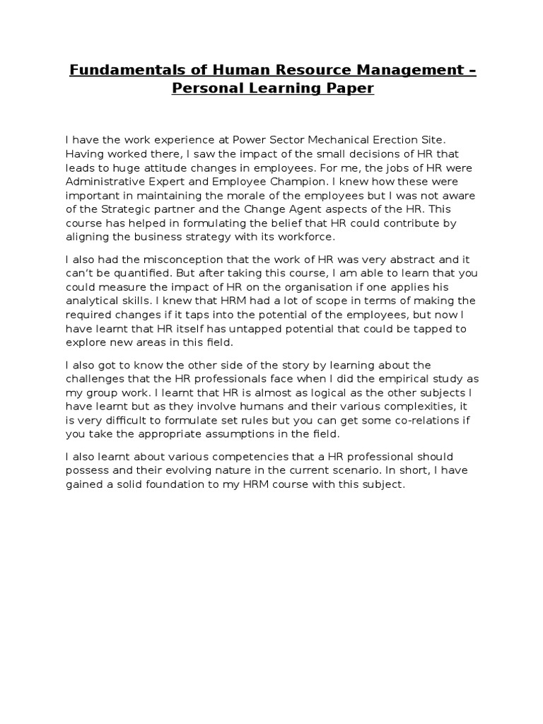 Fundamentals of Human Resource Management - Personal Learning Paper ...