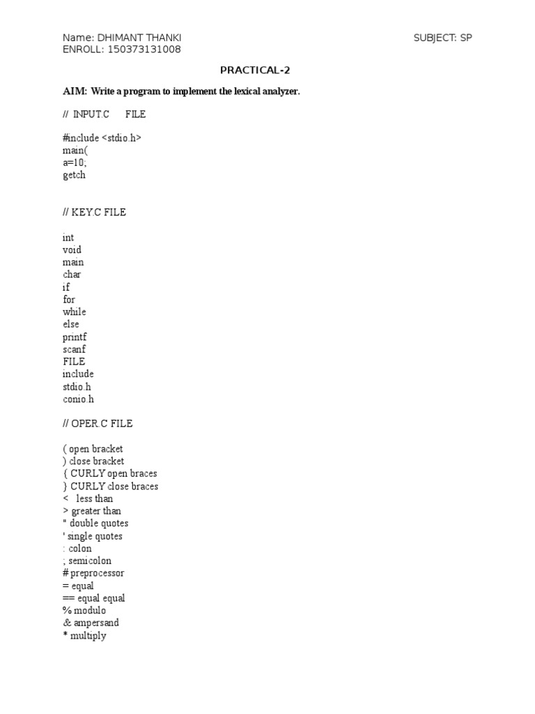 Practical-2 Write A Program To Implement The Lexical Analyzer | PDF