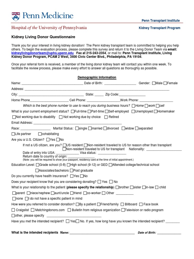 Hospital of The University of Pennsylvania: Kidney Living Donor Questionnaire | PDF | Organ ...