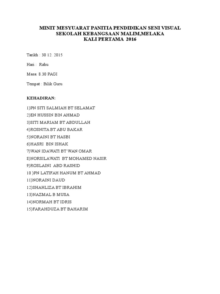 Minit Mesyuarat Panitia Pendidikan Seni | PDF