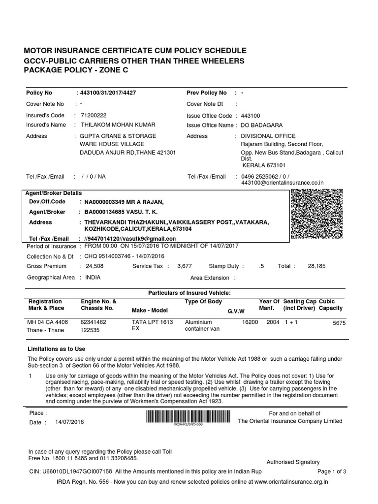 Gccv-Public Carriers Other Than Three Wheelers Package Policy - Zone C ...