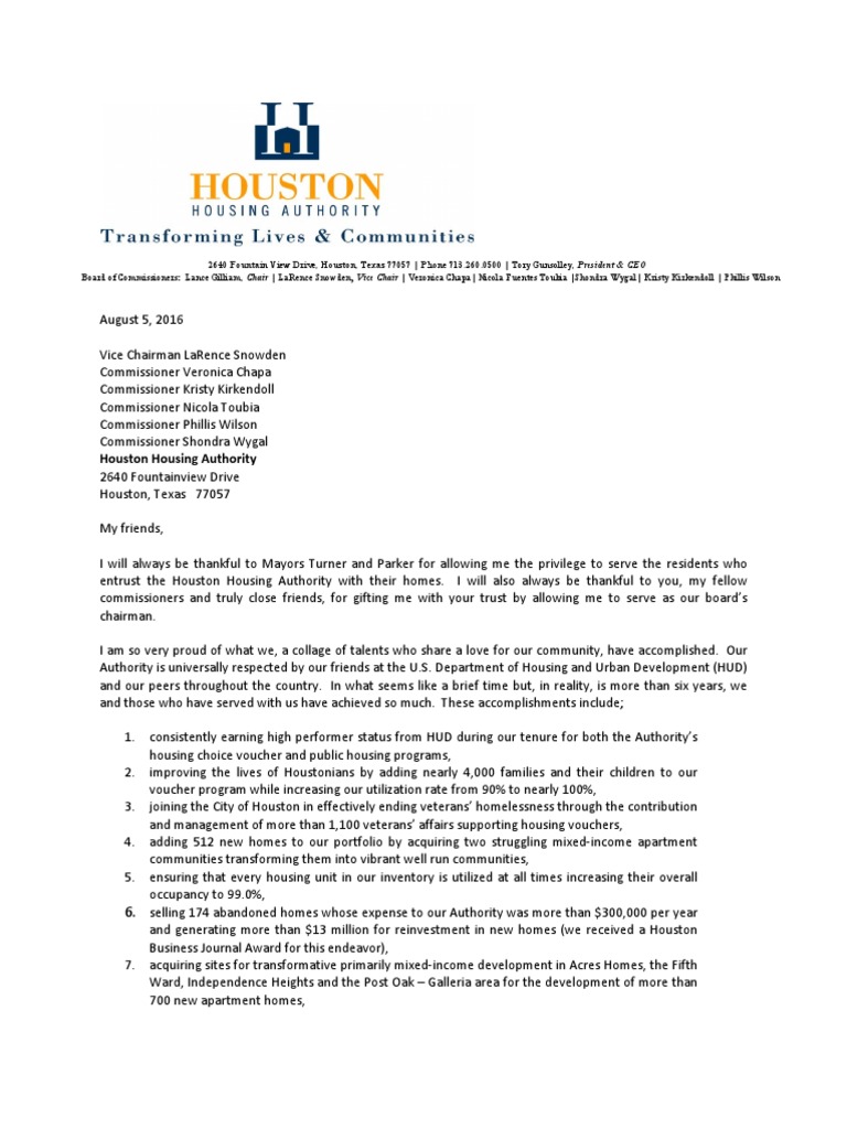 HHA Board of Commissioners RESIGNATION LETTER Signed 2016-08-05 | PDF | Public Housing | Employment