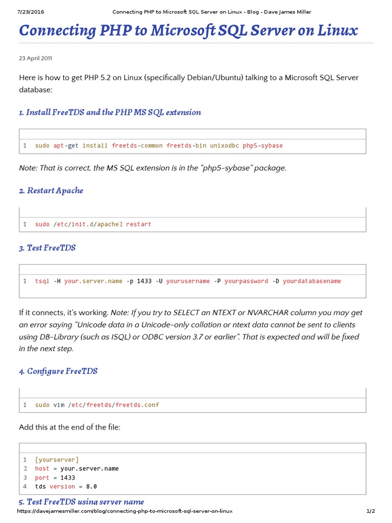 Connecting PHP To Microsoft SQL Server On Linux - Blog - Dave James ...
