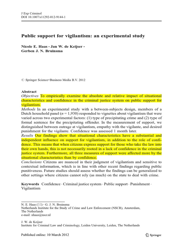 Haas Et Al. (2012) Public Support For Vigilantism - An Experimental ... Haas Et Al. (2012) Public Support For Vigilantism - An Experimental ...