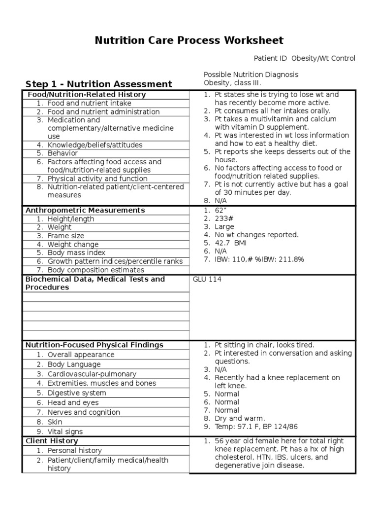 Nutrition Care Process Worksheet | PDF | Healthy Diet | Nutrition