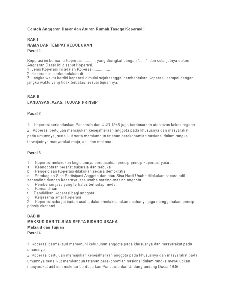 Contoh Anggaran Dasar Dan Aturan Rumah Tangga Koperasi | PDF