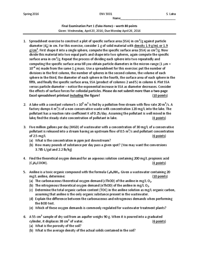 Environmental Engineering Final Exam Part I | PDF | Water Purification ...