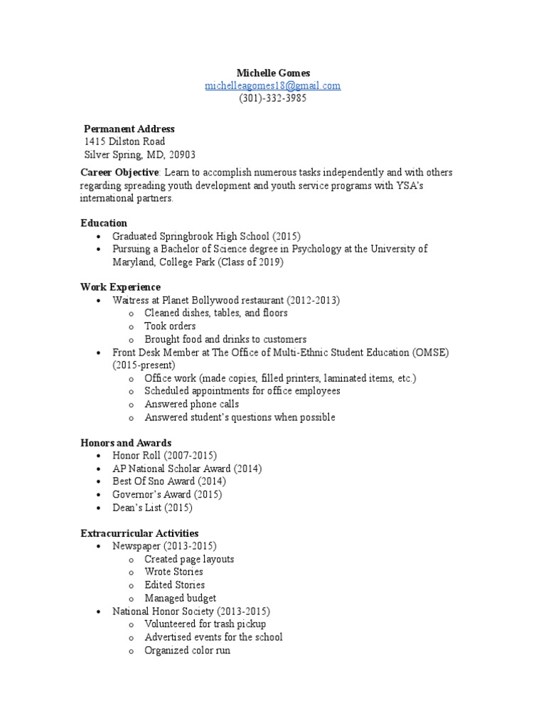 Michelle Gomes Resume Ysa | PDF | Career & Growth | Wellness