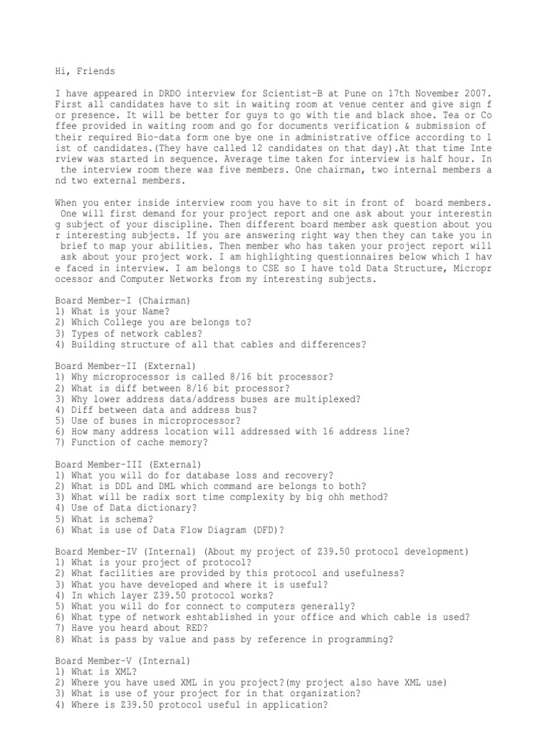 DRDO Scientist-B Interview Insights | PDF | Xml | Information Technology
