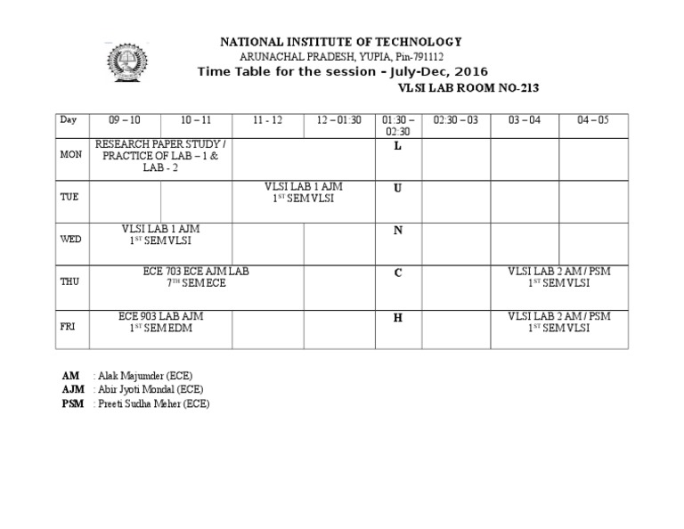 National Institute of Technology Time Table For The Session - July-Dec ...