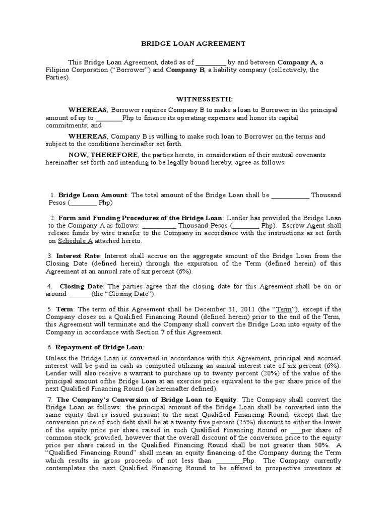 Bridge Loan Agreement Pdf Loans Stocks