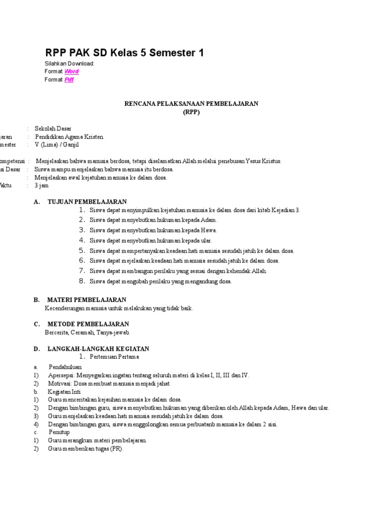RPP PAK SD Kelas 5 Semester 2 | PDF