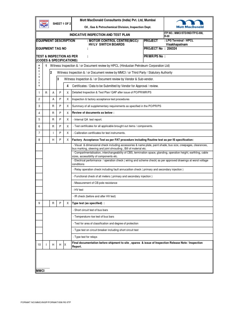 ITP for MCC- HV- LV-switchgear Boards-Pane | Specification (Technical ...