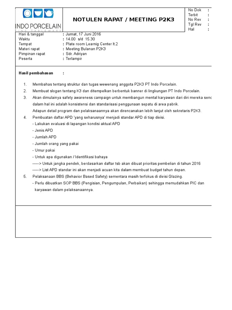 Notulen Rapat p2k3 | PDF | Bisnis