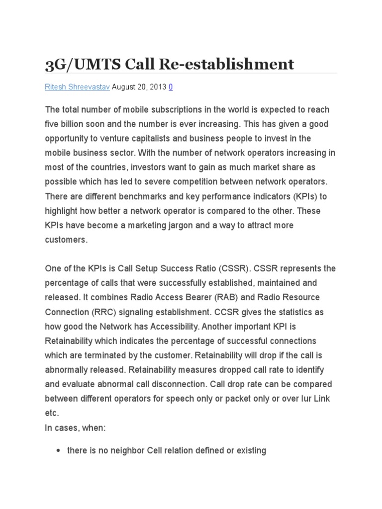 3G/UMTS Call Re-establishment Guide | PDF | Performance Indicator | Timer