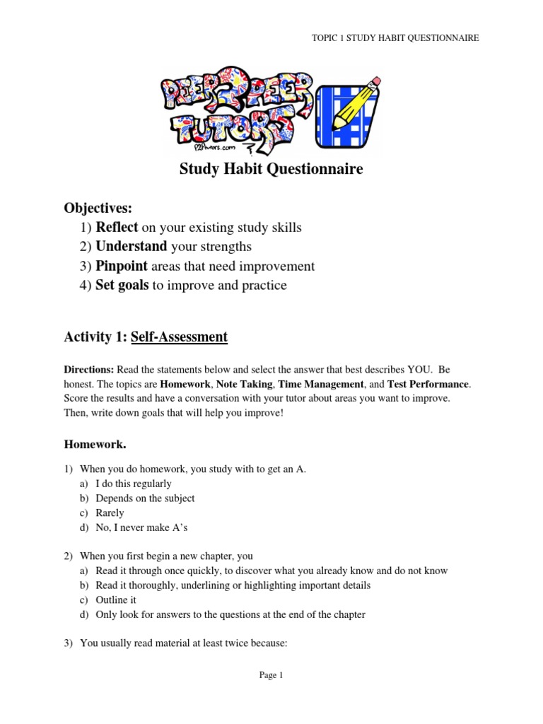Study Habit Self-Assessment Questionnaire | PDF | Study Skills | Test ...