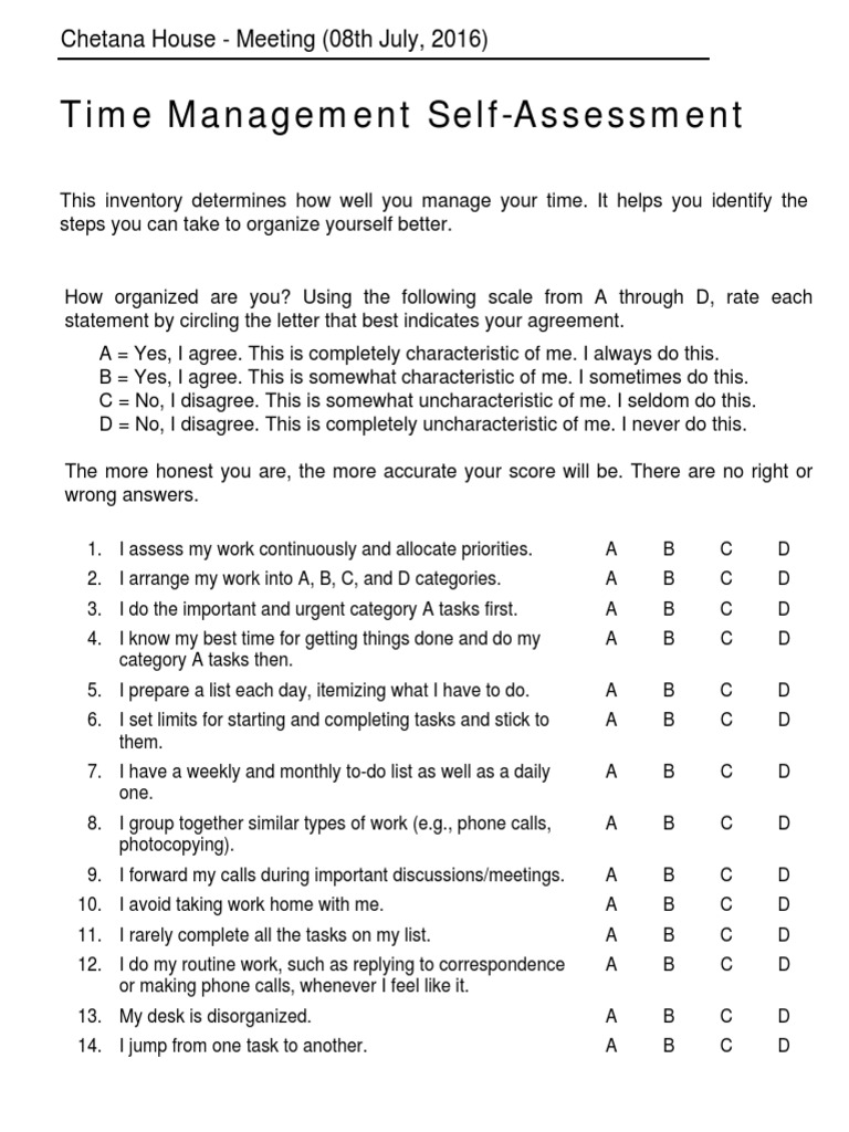Time Management Questionnaire, Chetana House July (Printout) | PDF ...