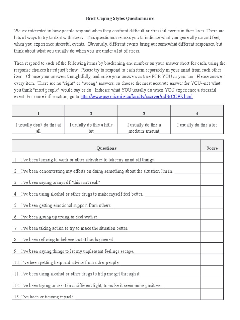 Coping Styles Questionnaire | Coping (Psychology) | Social Psychology
