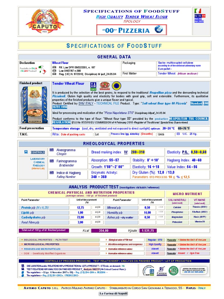 Caputo "00 Pizzeria Specification Sheet | PDF | Pizza | Flour