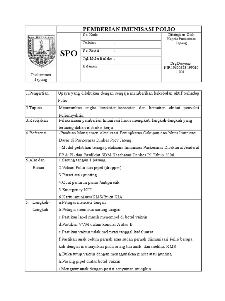 SPO Pemberian Imunisasi Polio | PDF