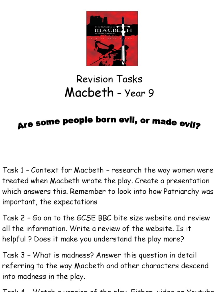 Revision Task Booklet For Macbeth | PDF | Young Adult | General Fiction