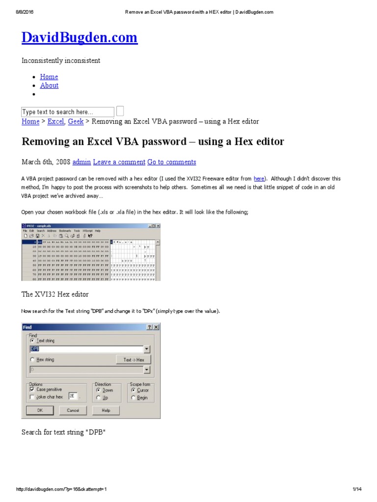 Remove An Excel Vba Password With A Hex Editor Davidbugden Pdf Microsoft Excel