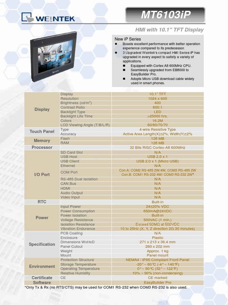Weintek MT6103iP HMI Specifications | PDF | Computers
