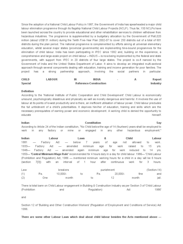 National Child Labour Policy in 1987 | PDF | Child Labour ...