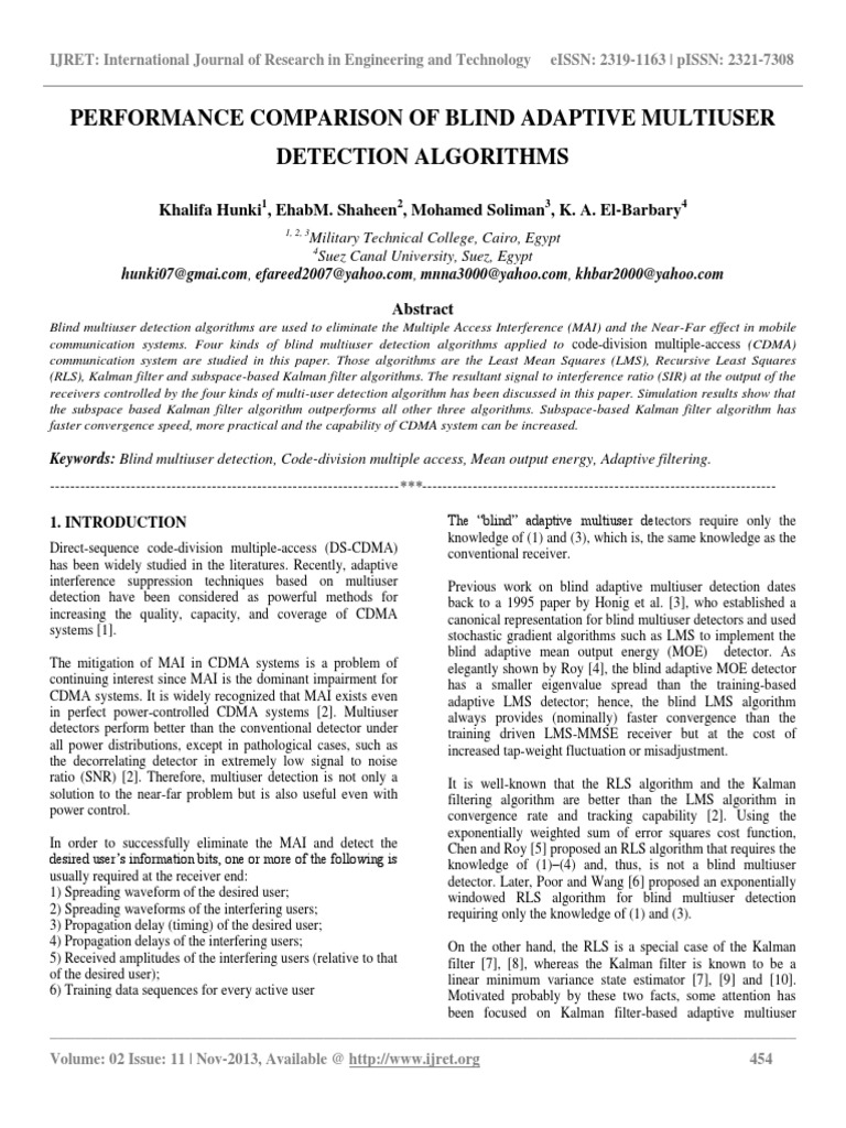 Performance Comparison of Blind Adaptive Multiuser Detection Algorithms | PDF | Eigenvalues And ...