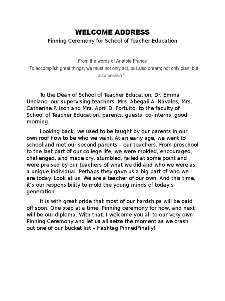 Welcome Speech Sample In College