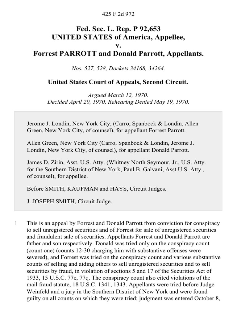 Fed. Sec. L. Rep. P 92,653 United States of America v. Forrest Parrott ...