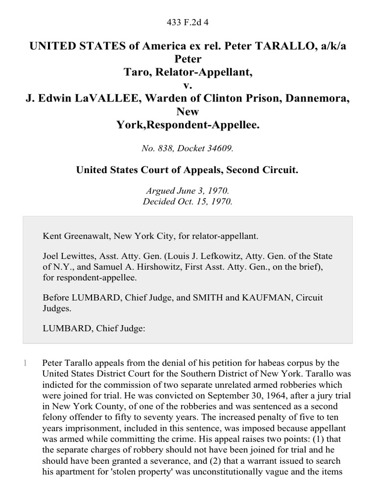United States of America Ex Rel. Peter Tarallo, A/K/A Peter Taro ...