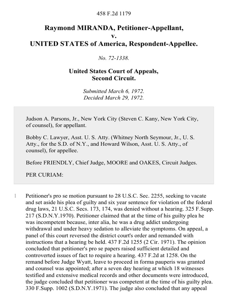 Raymond Miranda v. United States, 458 F.2d 1179, 2d Cir. (1972) | PDF ...