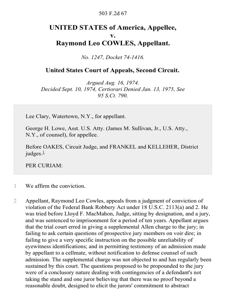 United States v. Raymond Leo Cowles, 503 F.2d 67, 2d Cir. (1975) | PDF