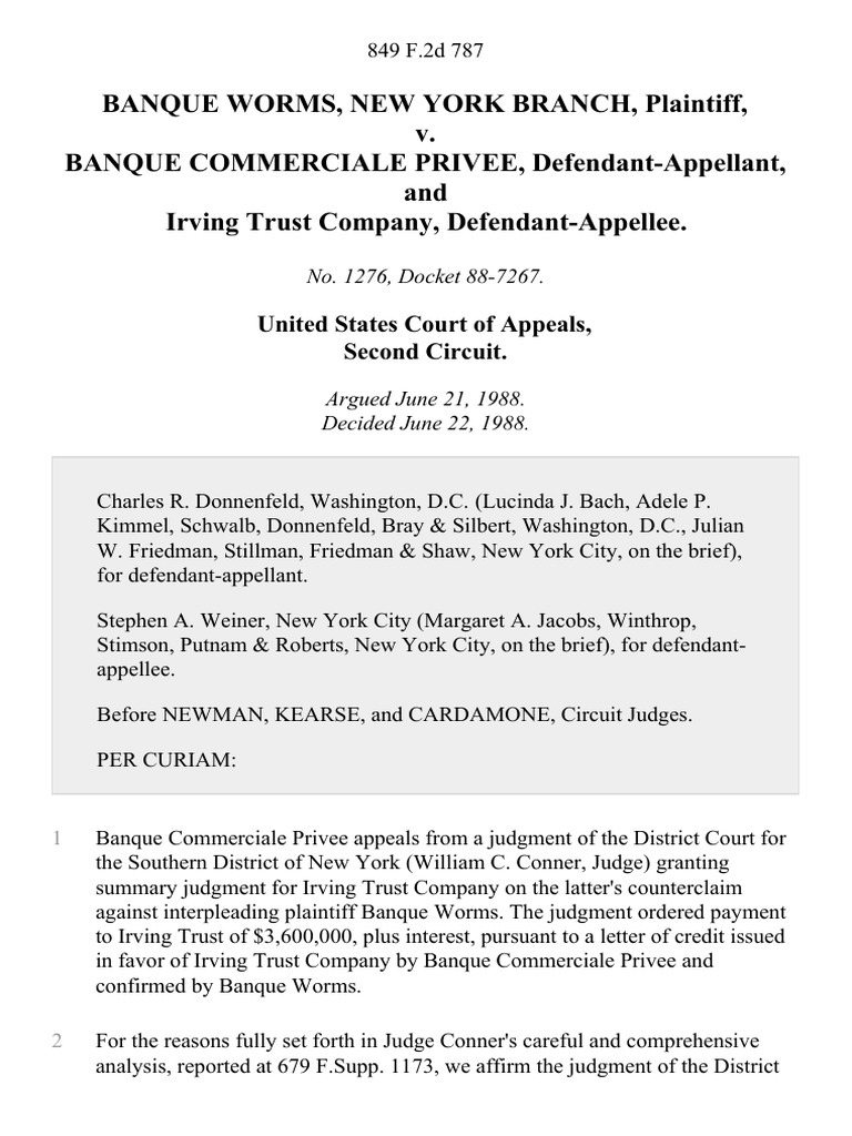 Banque Worms, New York Branch v. Banque Commerciale Privee, and Irving ...