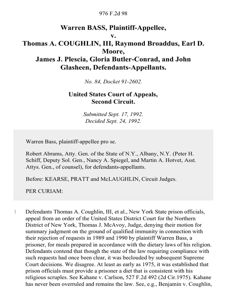 Warren Bass v. Thomas A. Coughlin, Iii, Raymond Broaddus, Earl D. Moore ...