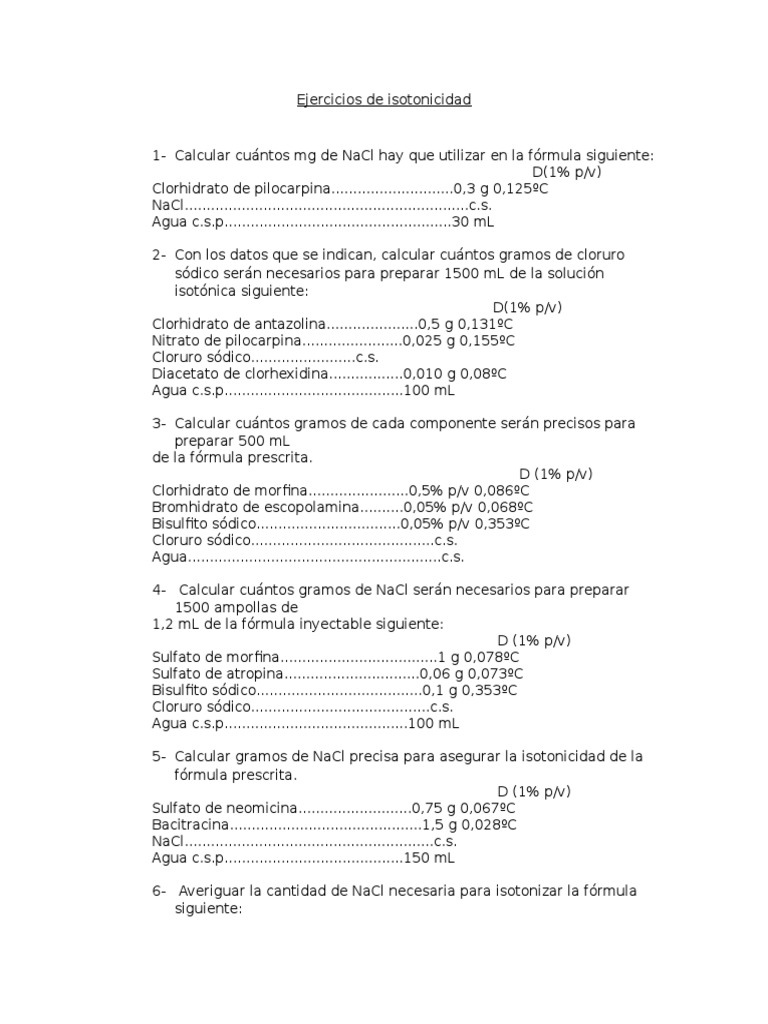 Ejercicios de Isotonicidad | PDF | Ácido clorhídrico | Compuestos químicos