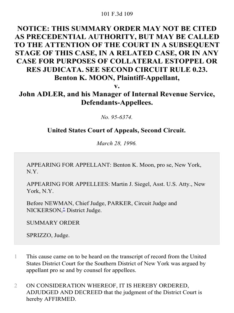 Benton K. Moon v. John Adler, and His Manager of Internal Revenue Service, 101 F.3d 109, 2d Cir ...