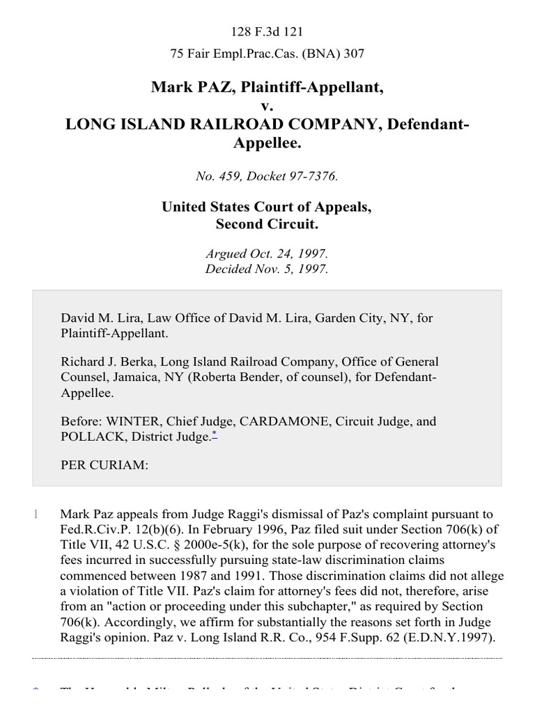 Mark Paz v. Long Island Railroad Company, 128 F.3d 121, 2d Cir. (1997 ...