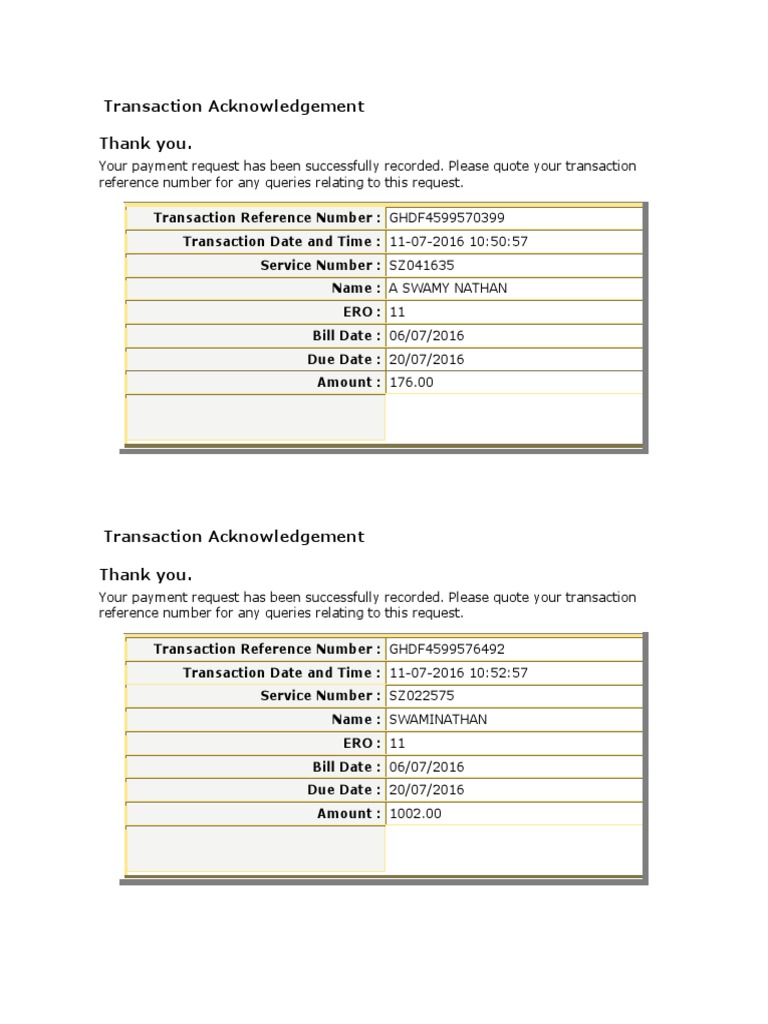 Transaction Acknowledgement Thank You | PDF