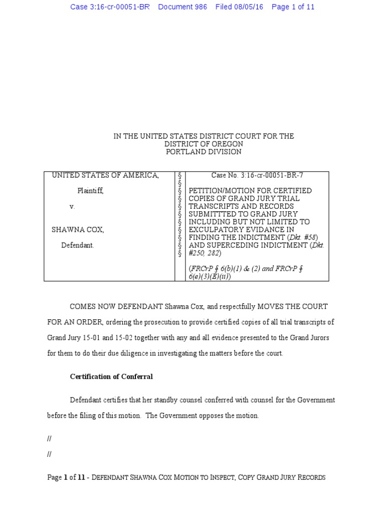 08-05-2016 ECF 986 USA V SHAWNA COX - Motion For Disclosure of Grand ...