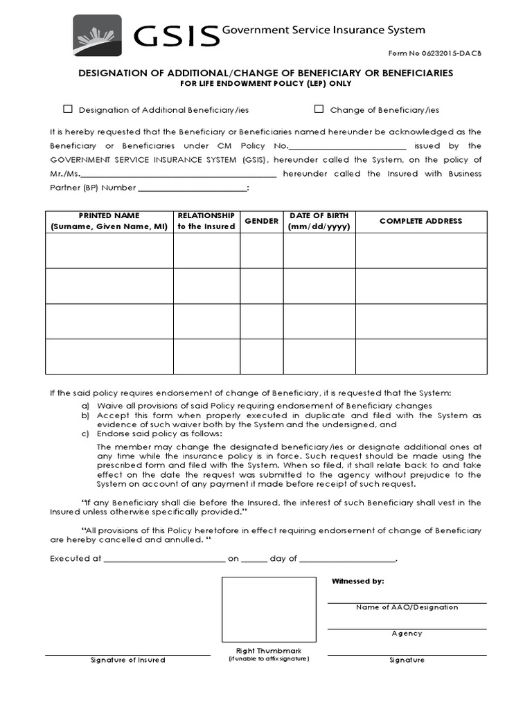 GSIS Form 06232015 DACB Designation of Additional Beneficiary LEP
