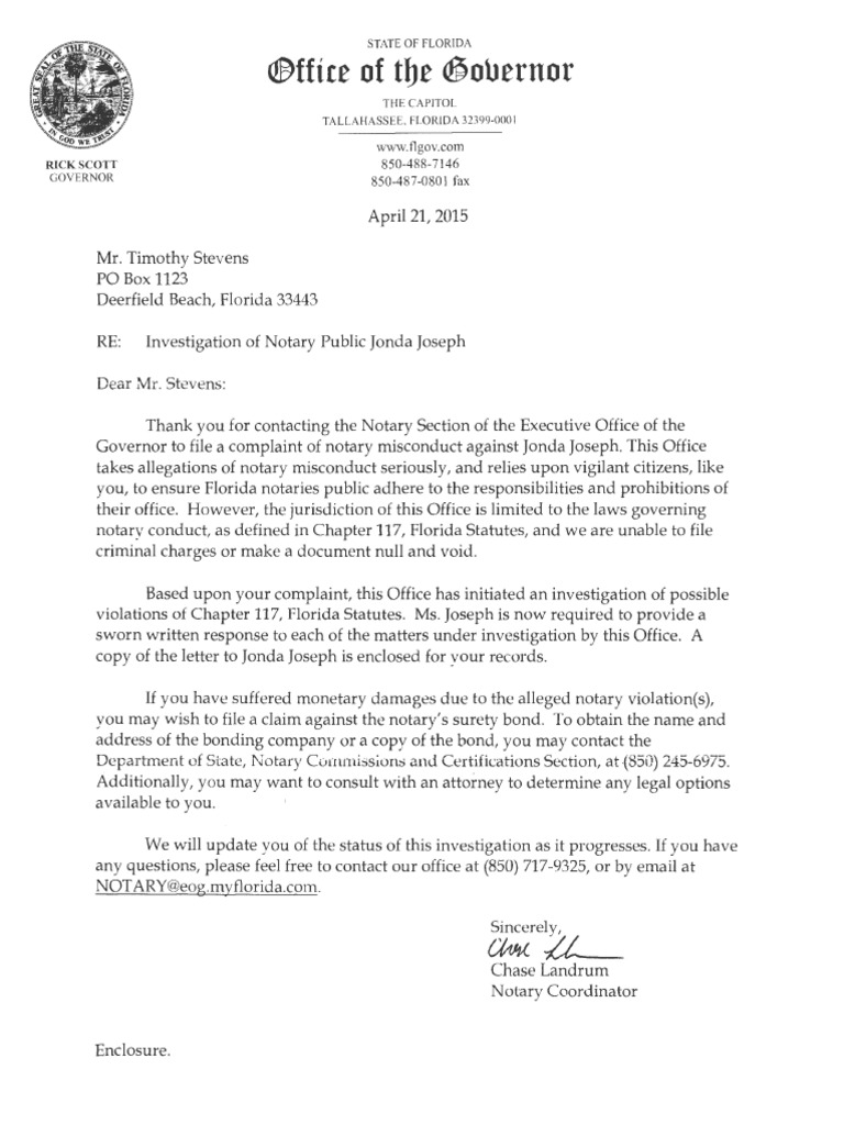 Notary Section Letter to Timothy Stevens April 21, 2015 | Notary Public ...