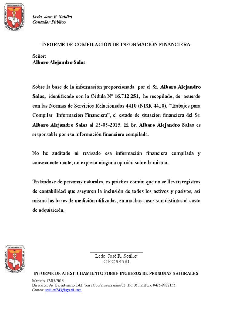 Informe Compilación 4410 Ejemplo 1-Preparacion Antigua Sepc 1-1 | PDF | Contralor | Contabilidad