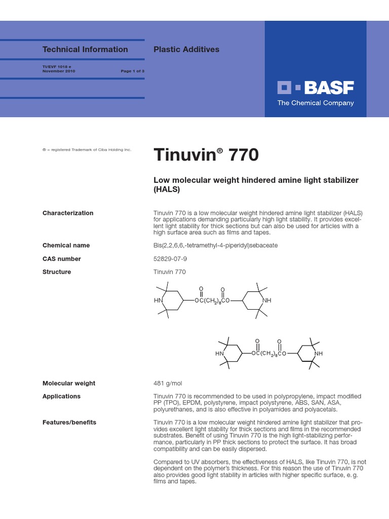 Tinuvin 770 Tds | Chemistry | Materials