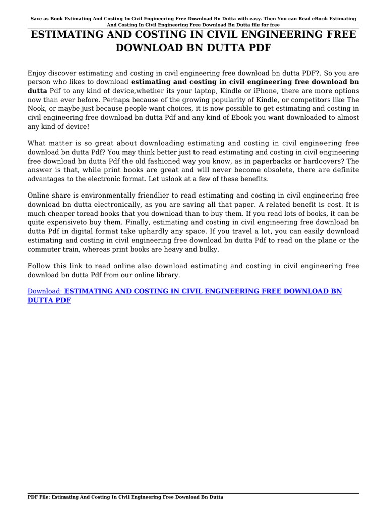 Estimating and Costing in Civil Engineering Free Download BN Dutta ...