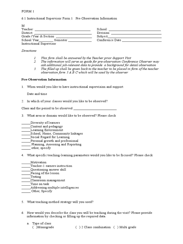 Observation Form | PDF | Teachers | Competence (Human Resources)